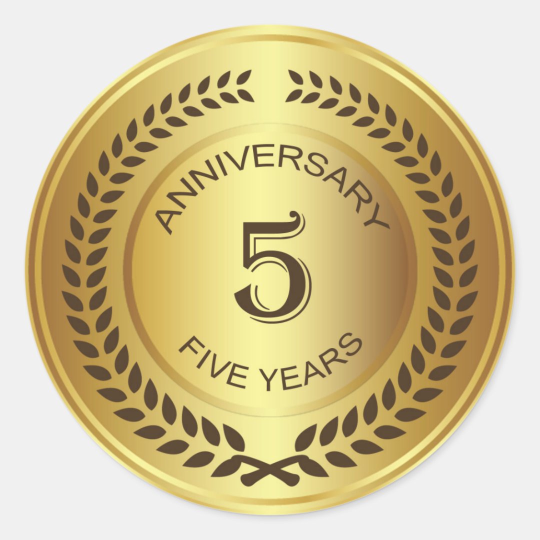 Golden 5th Anniversary with laurel wreath Sticker | Zazzle