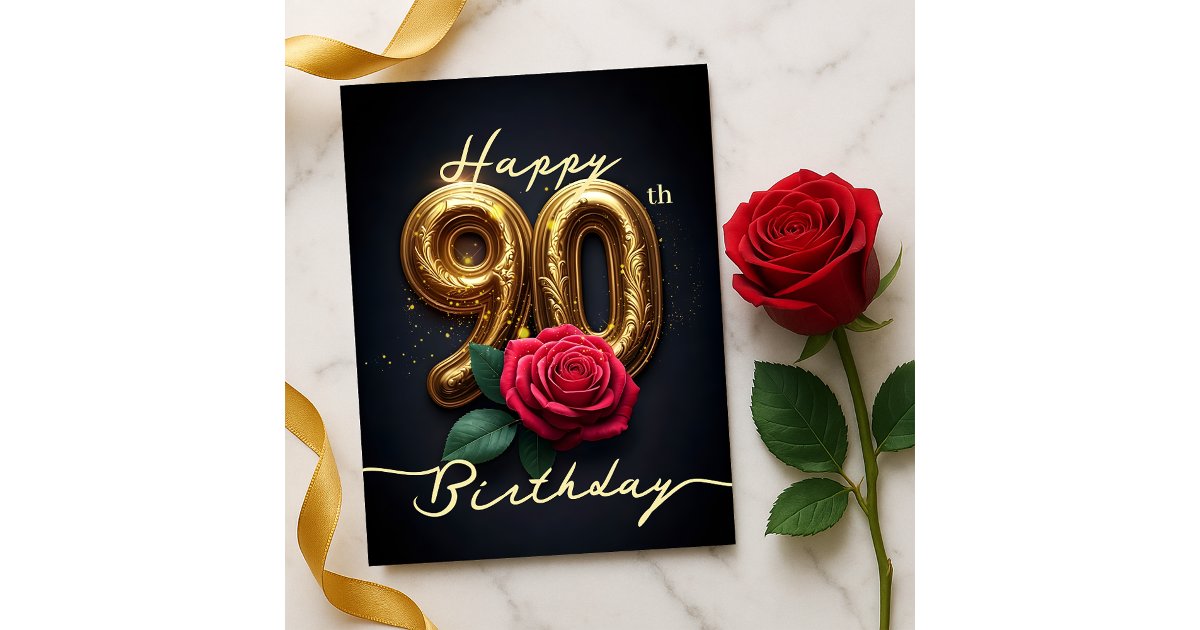 Golden 90th Birthday Elegant Rose Sparkle Postcard | Zazzle