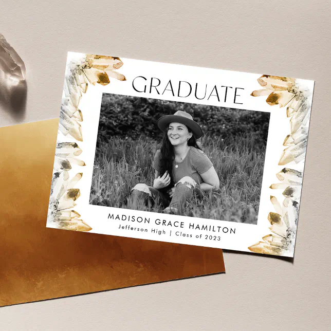 Golden Amber Watercolor Crystals Photo Graduation Announcement | Zazzle