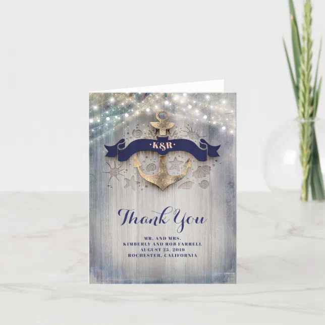 Golden Anchor Nautical Wedding Thank You | Zazzle
