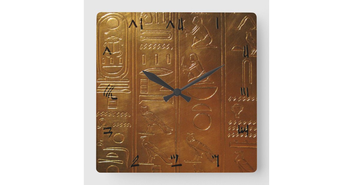 GOLDEN ANCIENT EGYPTIAN HIEROGLYPHS SQUARE WALL CLOCK | Zazzle