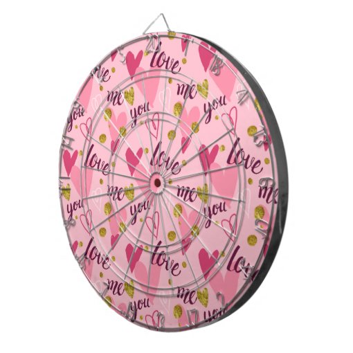 Golden and Pink Hearts with Love Me You Pattern Dart Board | Zazzle