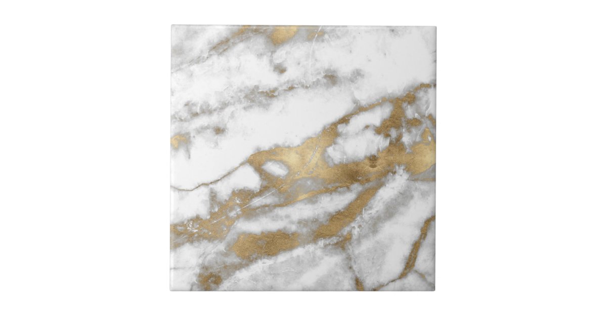 Golden and White Marble Ceramic Tile | Zazzle