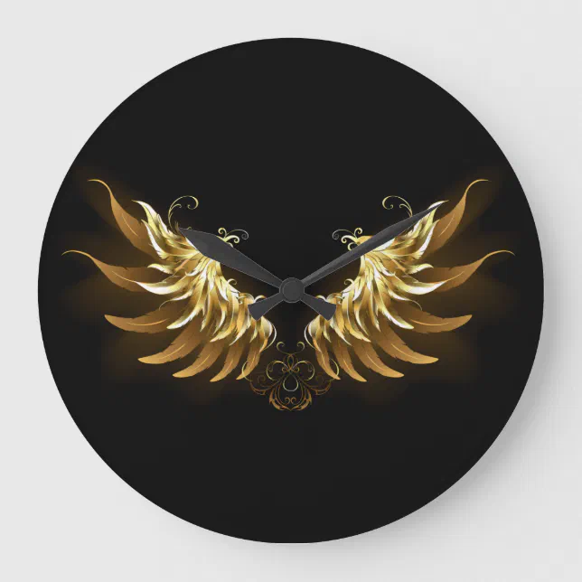 Golden Angel Wings on Black background Large Clock | Zazzle