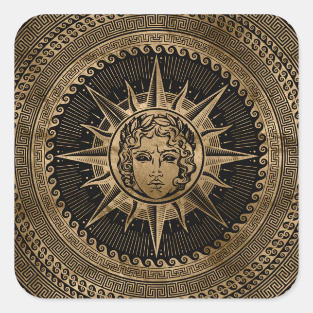 Golden Apollo Sun God on Greek Key Ornament Square Sticker | Zazzle