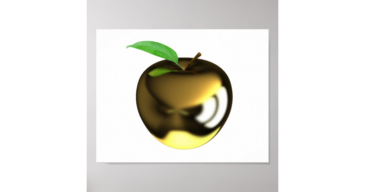 Golden Apple with Leaf Shiny Metallic Poster | Zazzle