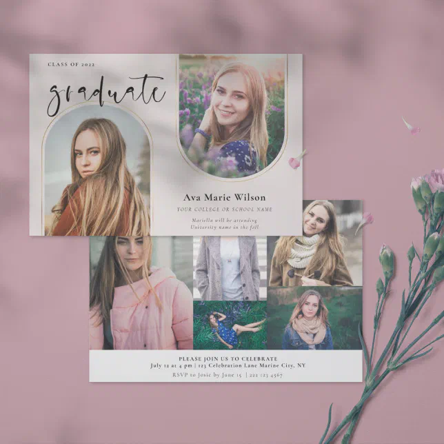 Golden Arches | Blush Photo Calligraphy Graduation Invitation | Zazzle