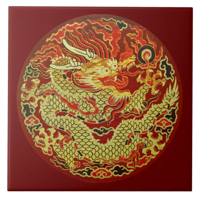Golden asian dragon embroidered on dark red ceramic tile | Zazzle