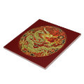 Golden asian dragon embroidered on dark red ceramic tile | Zazzle