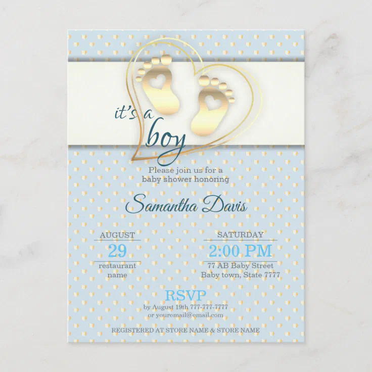 Golden Baby Boy Footprints and Hearts Baby Shower Invitation Postcard ...