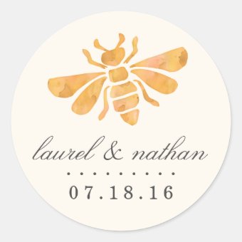 Golden Bee Watercolor Wedding Classic Round Sticker | Zazzle