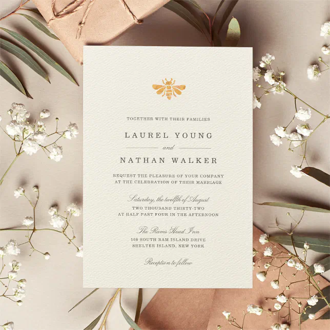 Golden Bee Watercolor Wedding Invitation | Zazzle
