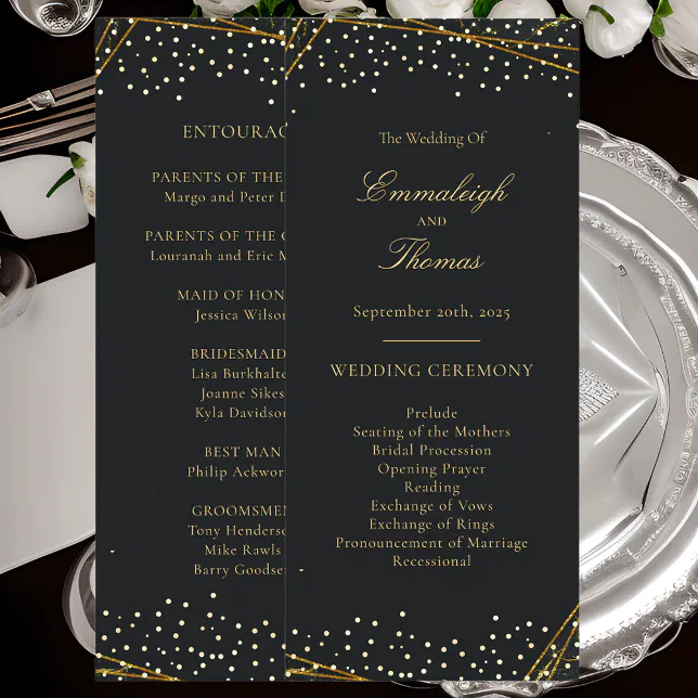 Golden Black Glitter Confetti Wedding Program | Zazzle