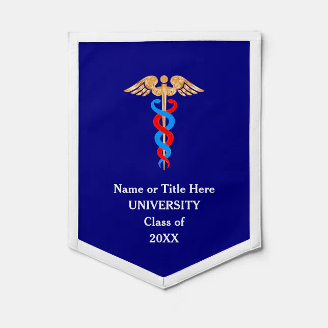 Golden, Blue & Red Caduceus on Navy Blue Medical Pennant | Zazzle