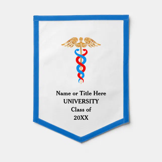 Golden, Blue & Red Caduceus on White Medical Pennant | Zazzle
