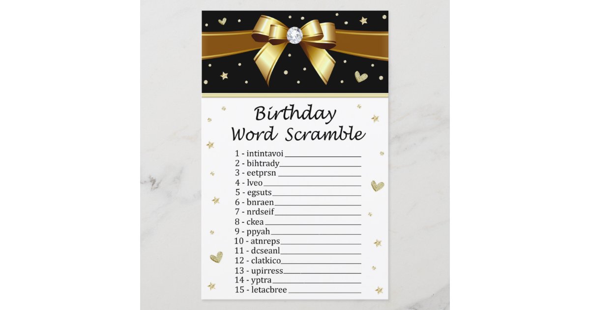 Golden bow Birthday Word Scramble Game | Zazzle