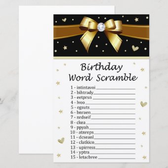 Golden bow Birthday Word Scramble Game | Zazzle