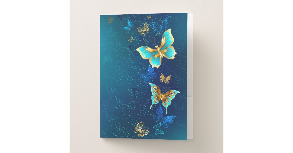 Golden Butterflies on a Blue Background Pocket Folder | Zazzle