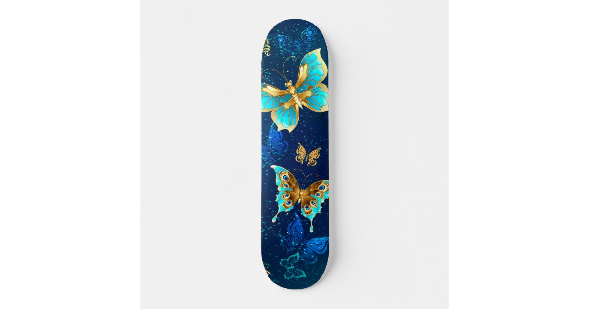 Golden Butterflies on a Blue Background Skateboard | Zazzle
