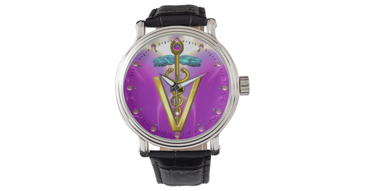 GOLDEN CADUCEUS VETERINARY SYMBOL / Purple Fuchsia Watch | Zazzle