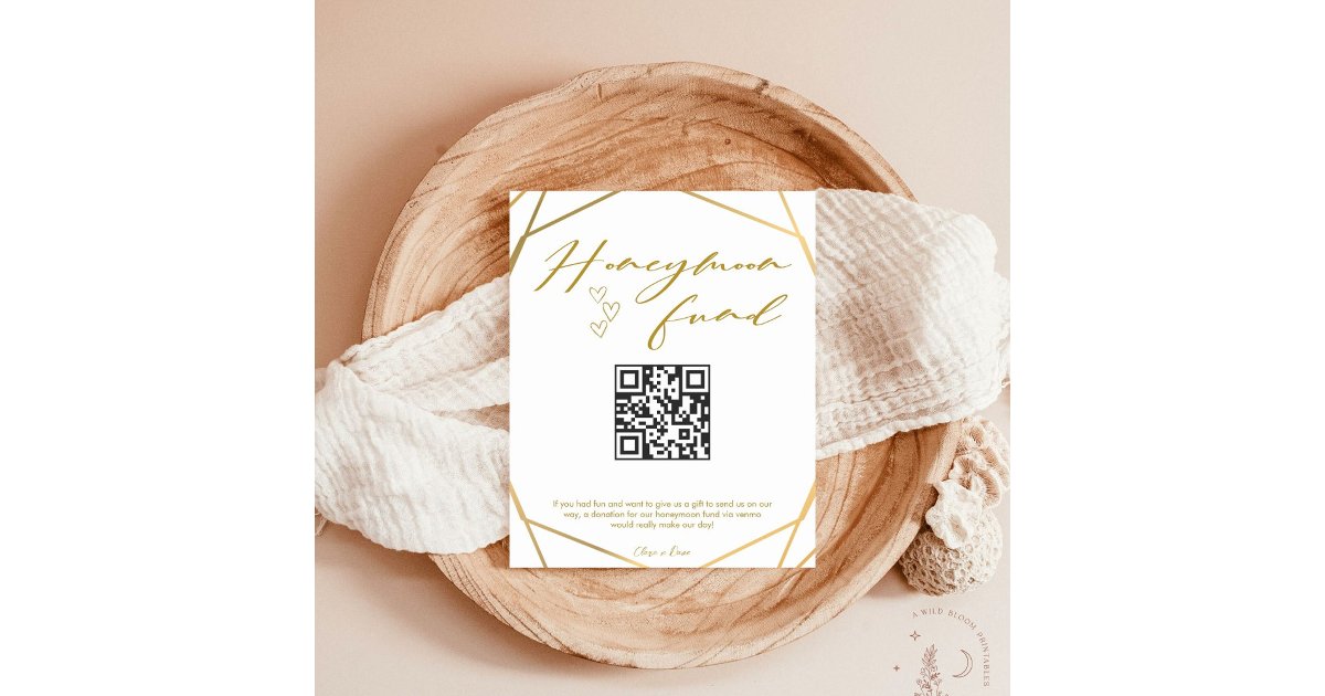 Golden Calligraphy Honeymoon Fund QR Code Wedding Pedestal Sign | Zazzle