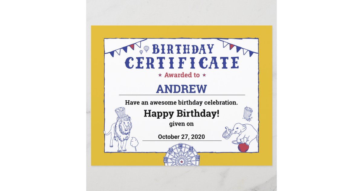 Golden Carnival Circus Baby Birthday Certificate | Zazzle
