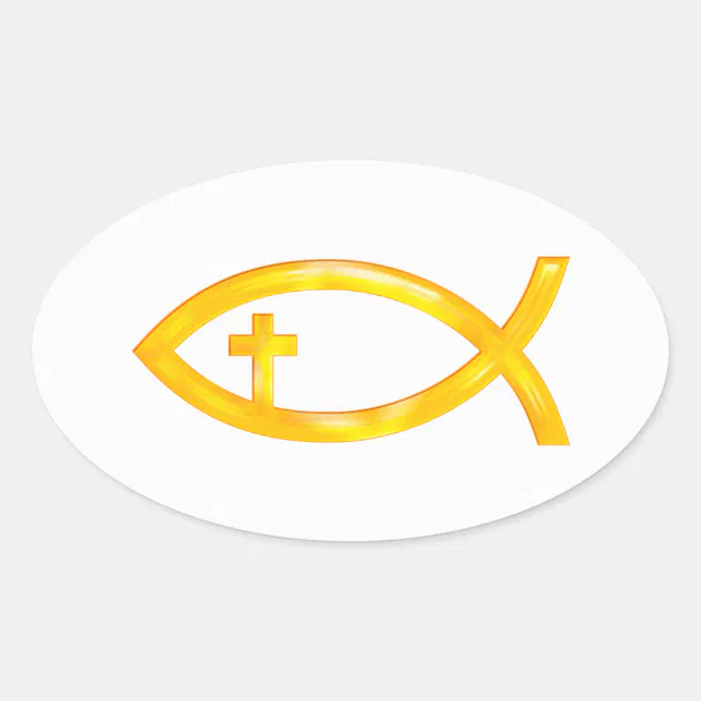 Golden Christian Fish Symbol with Crucifix Oval Sticker | Zazzle