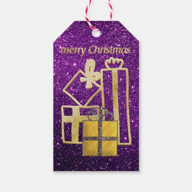 Golden Christmas Presents Purple Faux Glitter Gift Tags | Zazzle