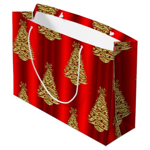 Golden Christmas Trees on Red Large Gift Bag | Zazzle