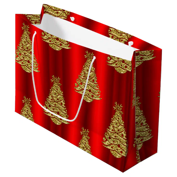 Golden Christmas Trees on Red Large Gift Bag | Zazzle
