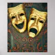 Golden comedy and tragedy masks on patterned poster | Zazzle