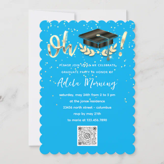 Golden Confetti Graduate Party QR Code Blue Invitation | Zazzle