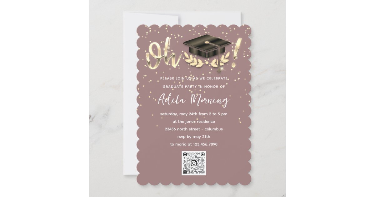 Golden Confetti Graduate Party QR Code Rose Invitation | Zazzle