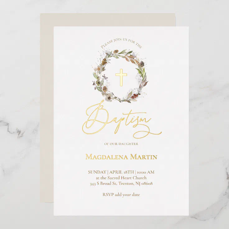 golden details autumn wreath Baptism Foil Invitation | Zazzle