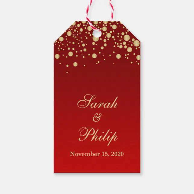 Golden effect confetti on red Thank you Gift tag | Zazzle