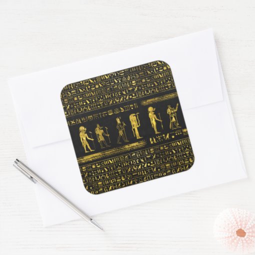 Golden Egyptian Gods and hieroglyphics on leather Square Sticker | Zazzle