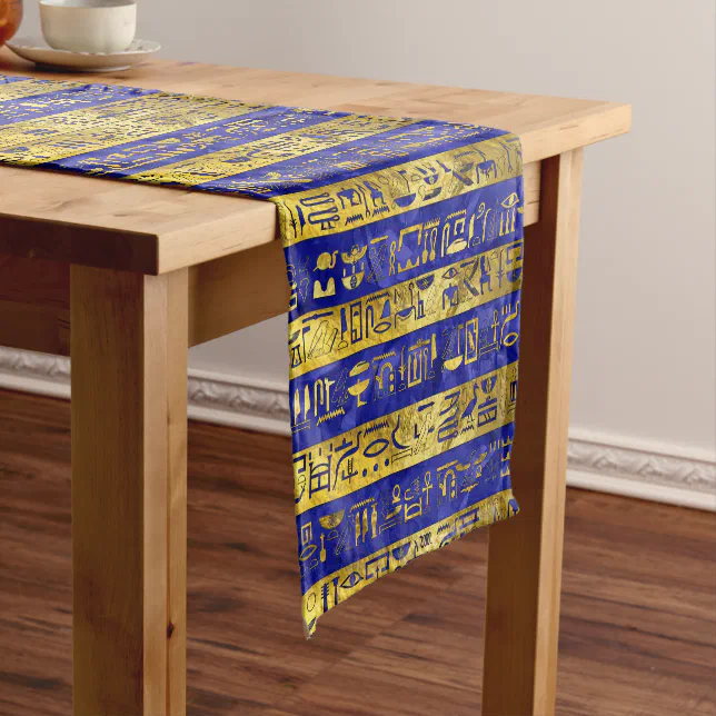 Golden Egyptian hieroglyphs pattern blue stone Short Table Runner | Zazzle