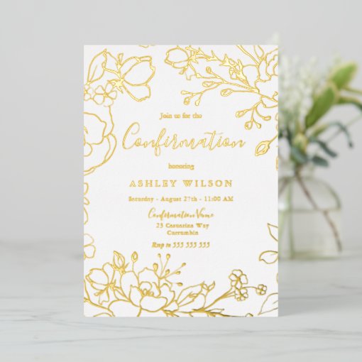 Golden Elegant White Modern Confirmation Real Gold Foil Invitation | Zazzle