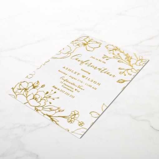 Golden Elegant White Modern Confirmation Real Gold Foil Invitation | Zazzle