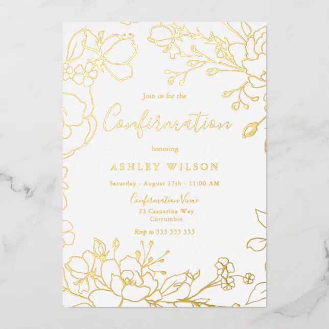 Golden Elegant White Modern Confirmation Real Gold Foil Invitation | Zazzle