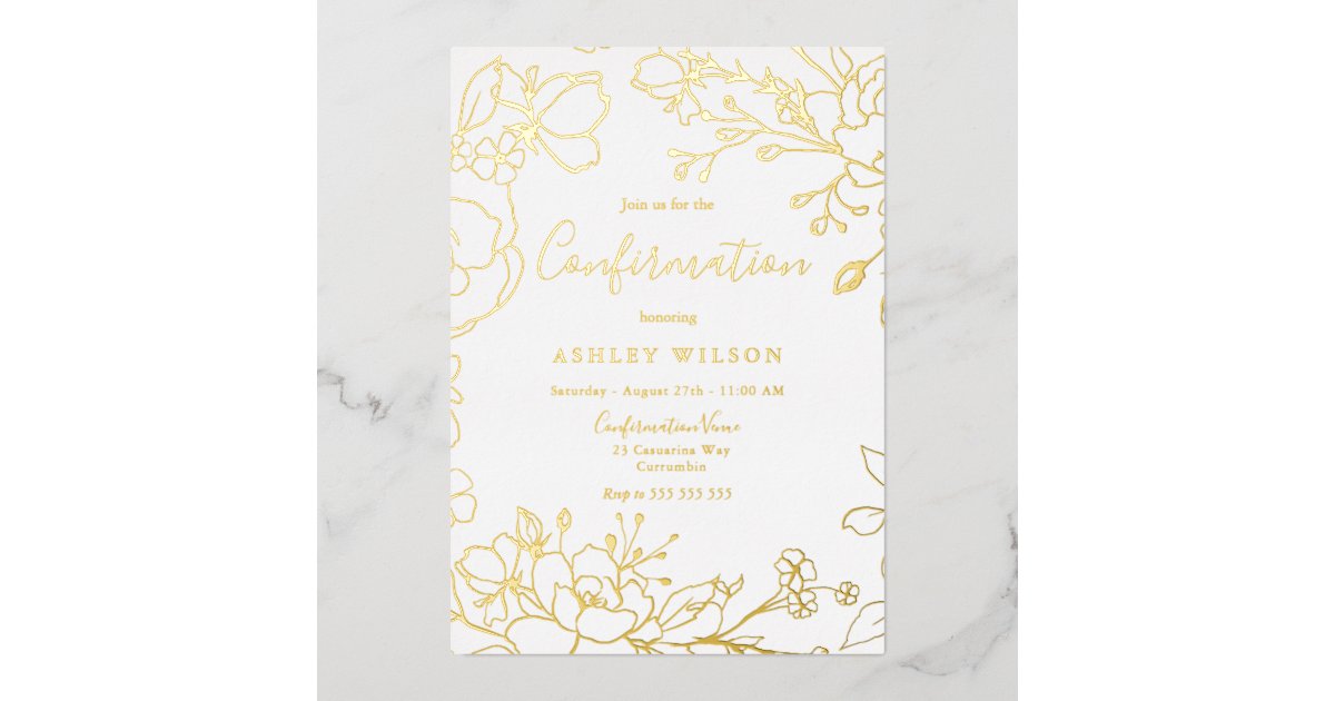 Golden Elegant White Modern Confirmation Real Gold Foil Invitation | Zazzle