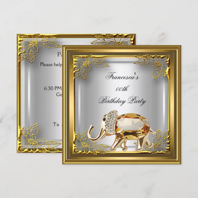 Golden Elephant Elite Elegant Birthday Party White Invitation | Zazzle