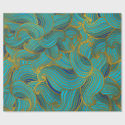 Golden Embossed Swirl Wave Pattern on Blue Wrapping Paper | Zazzle