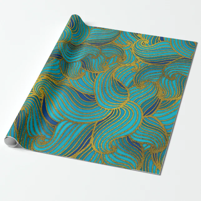Golden Embossed Swirl Wave Pattern on Blue Wrapping Paper | Zazzle