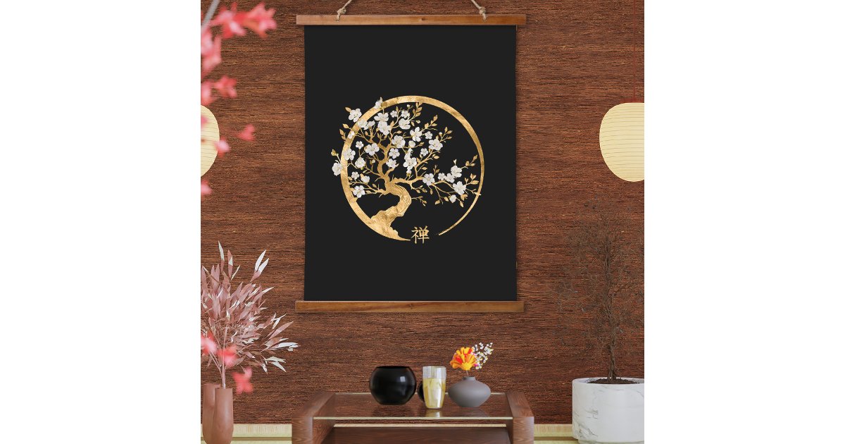 Golden Enso Zen Circle Sakura tree Hanging Tapestry | Zazzle