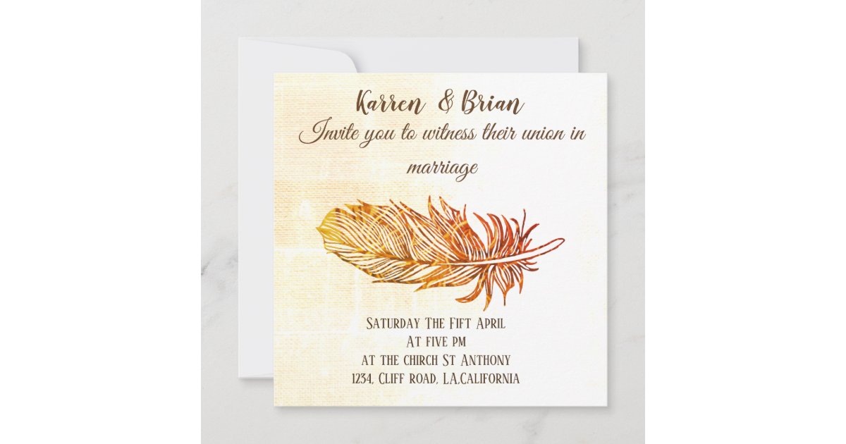 Golden Feather Wedding Invitation | Zazzle