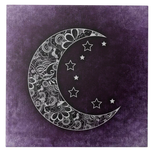 Golden Floral Crescent Moon and Stars on Purple Ceramic Tile | Zazzle