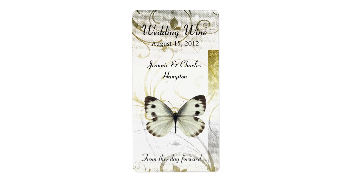 Golden Flourish & Butterfly Wedding Mini Wine Label | Zazzle