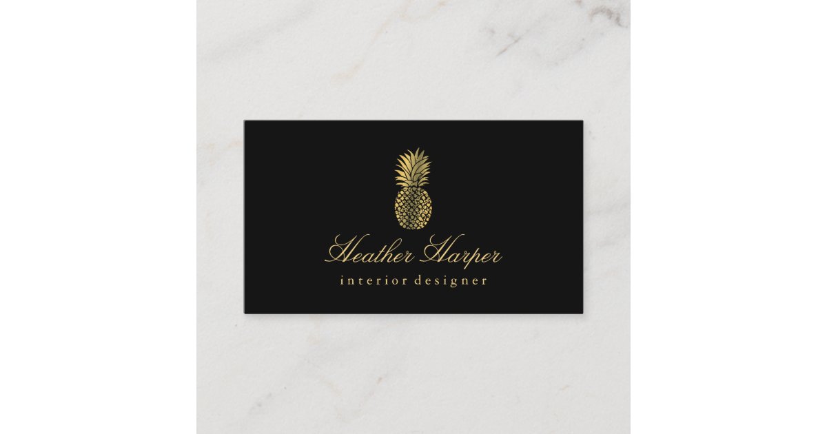 Golden Foil Pineapple Script Business Card Black | Zazzle