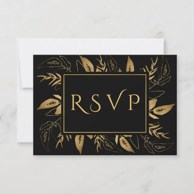 Golden Foliage | Elegant Gold Black Wedding RSVP Card | Zazzle